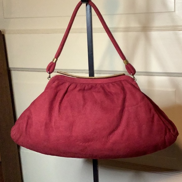 Bags | Vintage Red Suede Handbag With Black Lining And Attached ...